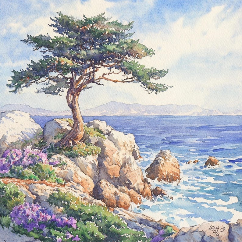10 Printable California Coast Landscape, Watercolor Cypress Tree on ...