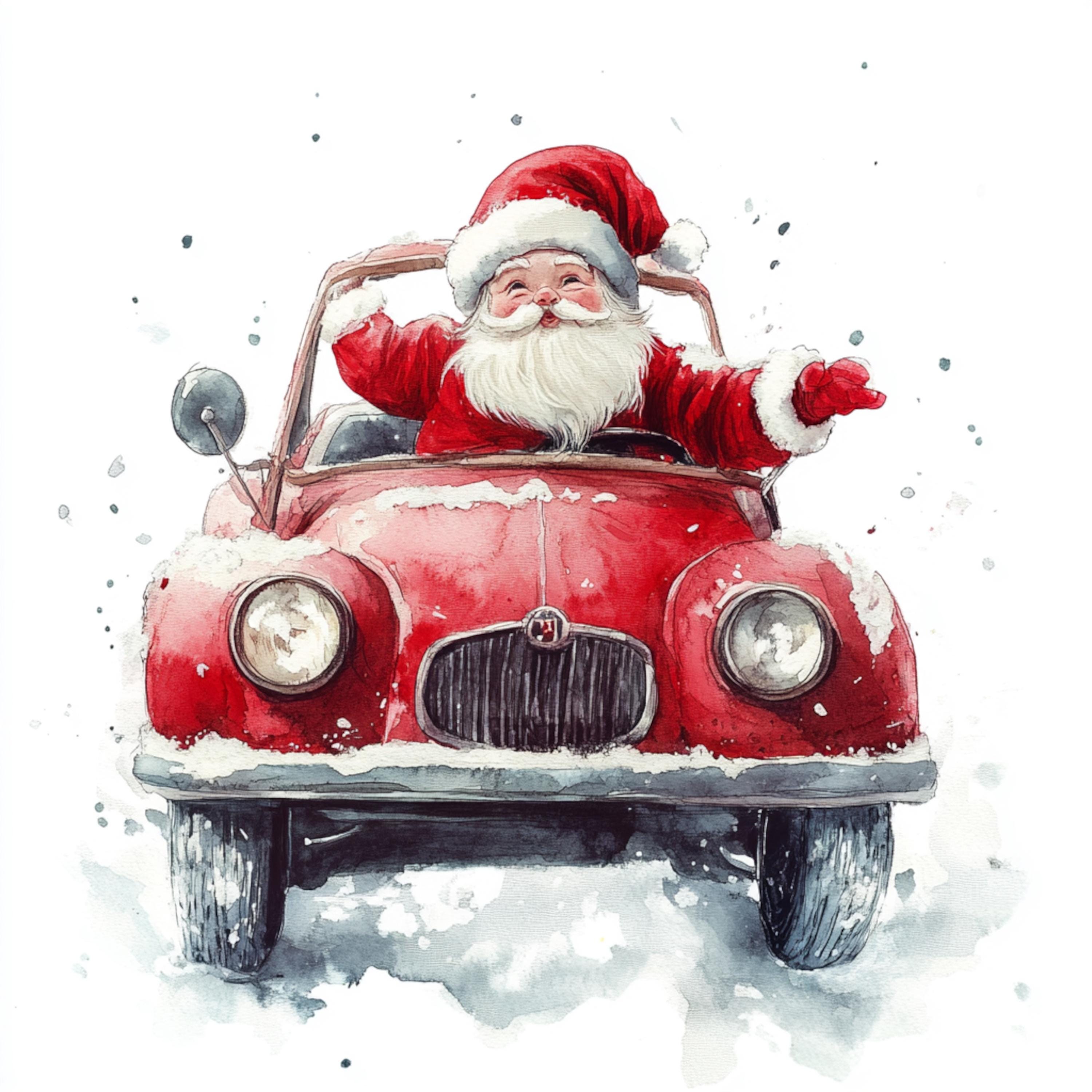 10 Printable Santa in Red Car, Christmas Santa Clause Art, Watercolor ...