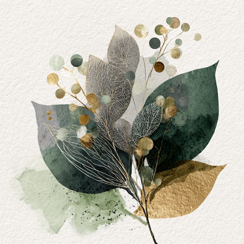 10 Printable Green Leaves, Abstract Leaf Art, Watercolor Green Gold ...