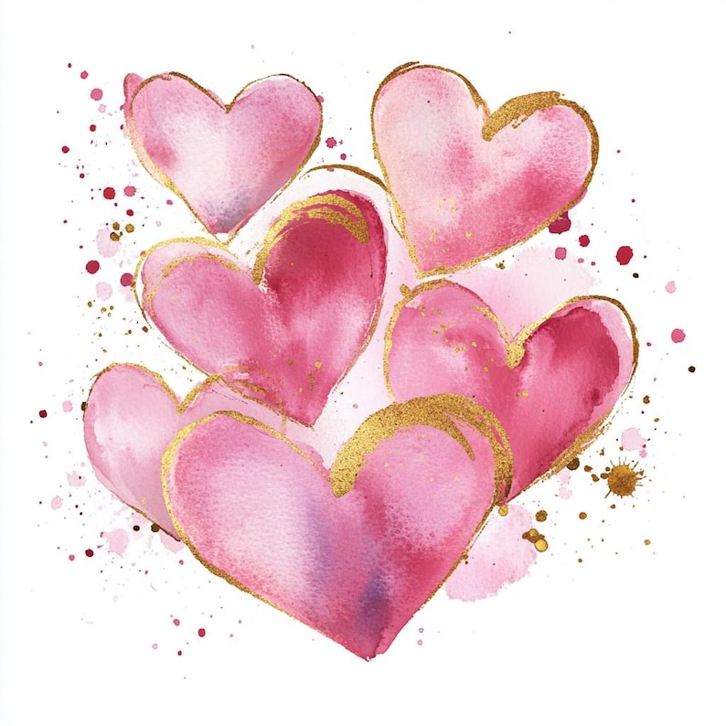 10 Printable Pink Heart, Pink and Gold Hearts Art, Watercolor Clipart ...