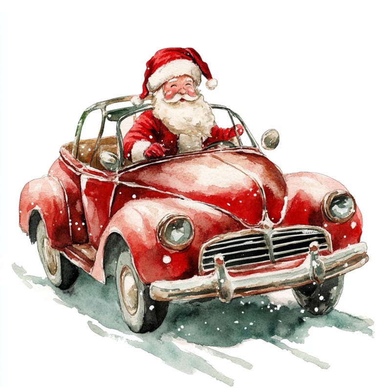 10 Printable Santa in Red Car, Christmas Santa Clause Art, Watercolor ...
