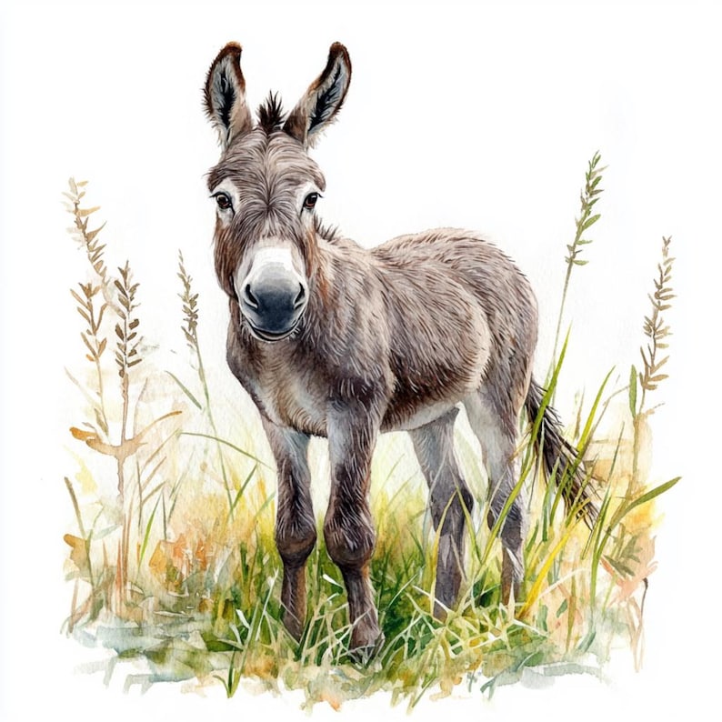 10 Printable Donkey, Donkey Clipart, Watercolor Art, Cute Farm Animal ...