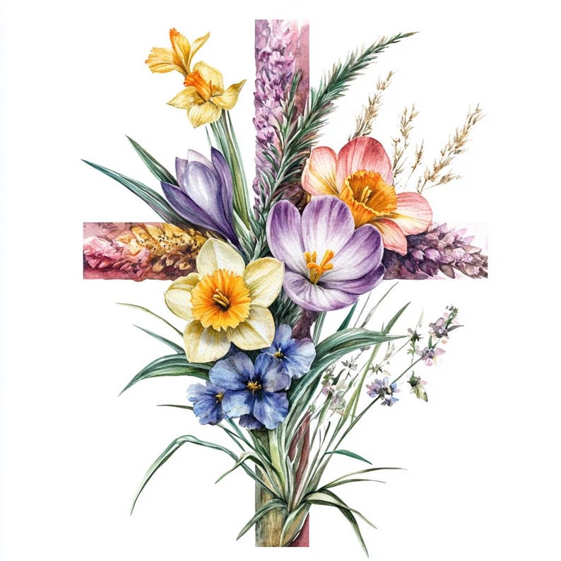 10 Printable Cross Clipart, Floral Cross Art, Watercolor Art, Easter ...