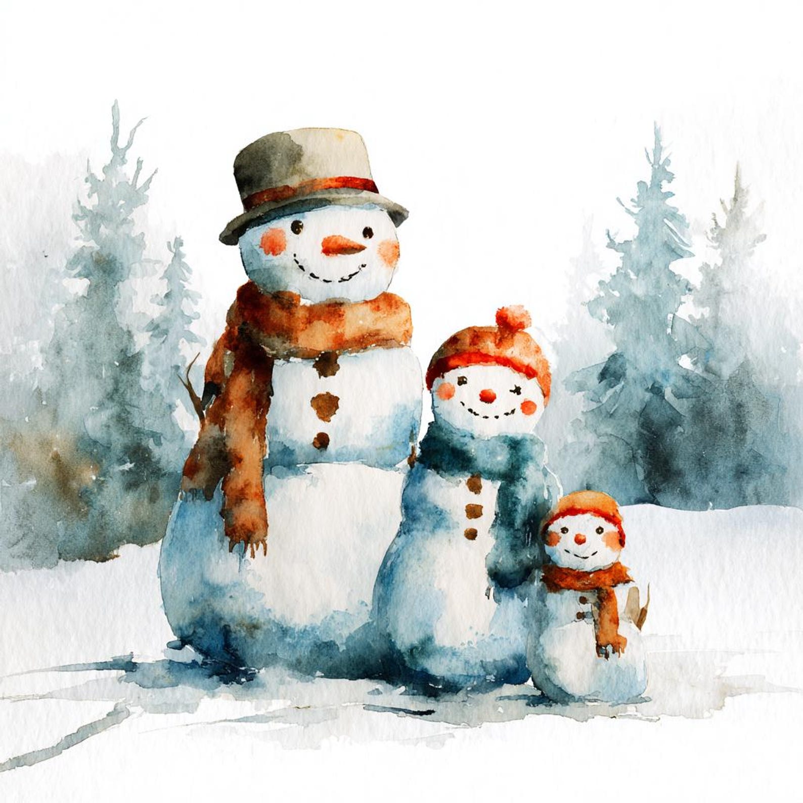13 Printable Snowman Family, Watercolor Snowmen Art, Holliday Clipart ...