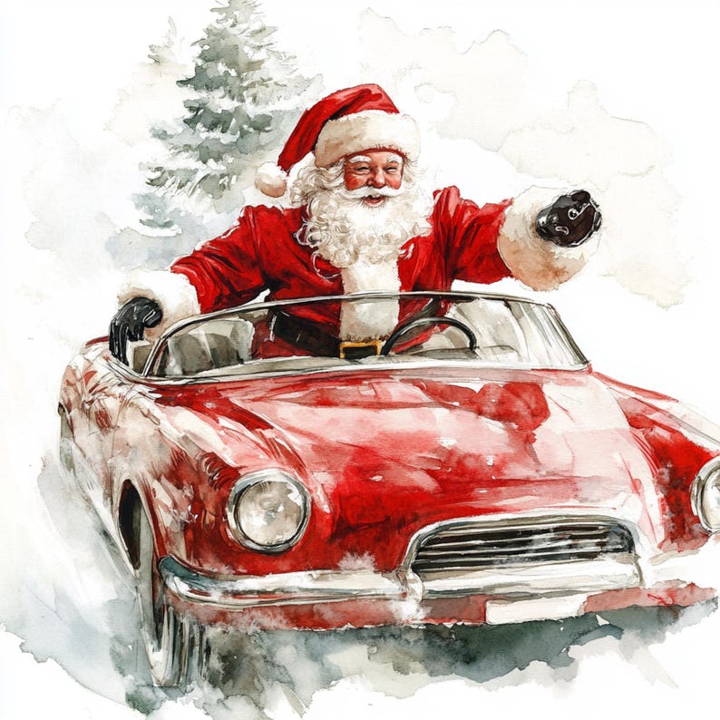 10 Printable Santa in Red Car, Christmas Santa Clause Art, Watercolor ...