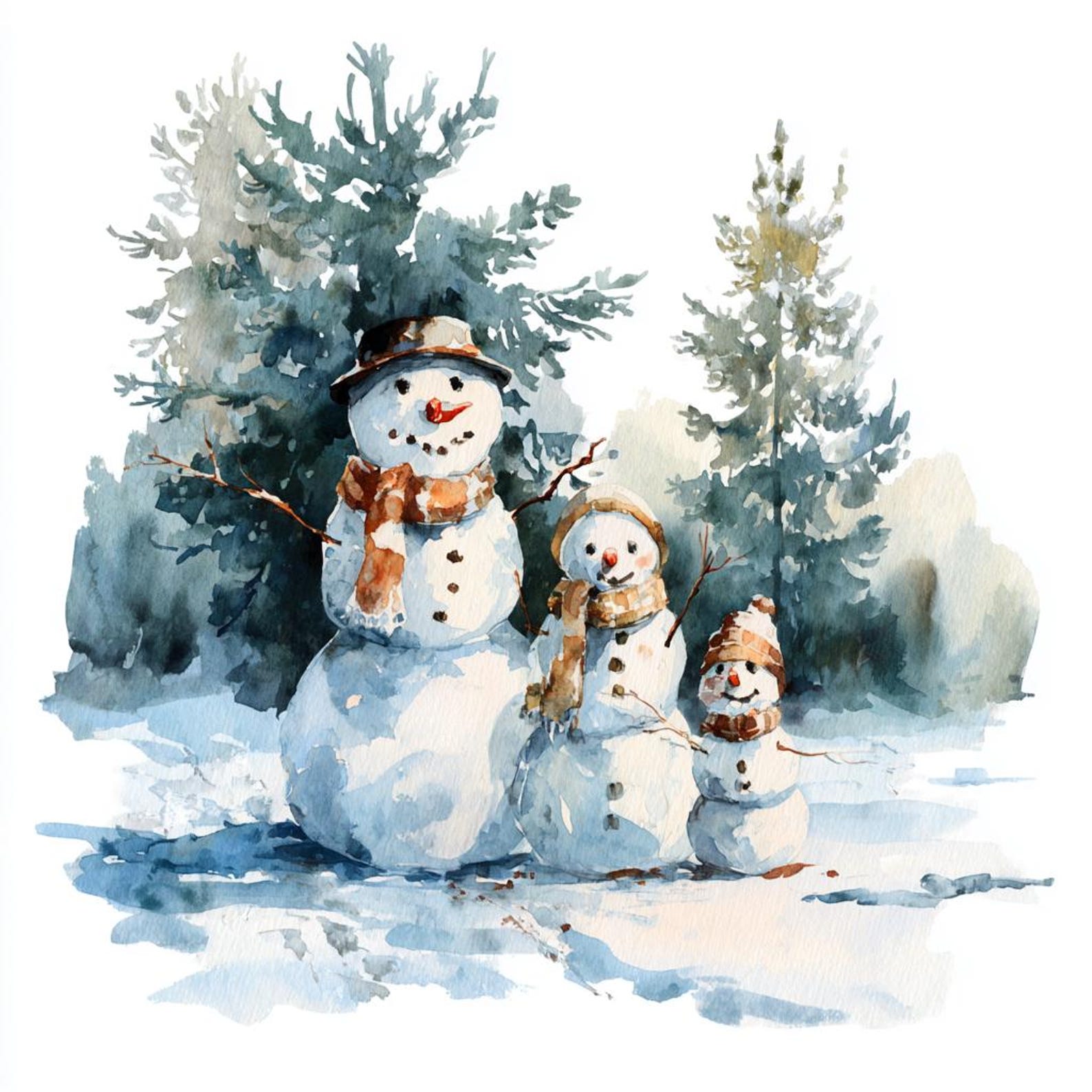 13 Printable Snowman Family, Watercolor Snowmen Art, Holliday Clipart ...