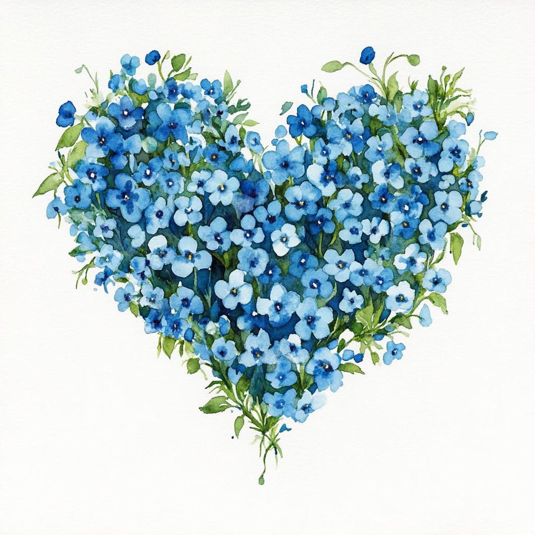 10 Printable Blue Flowers Heart, Forget-me-not Hearts Art, Watercolor ...