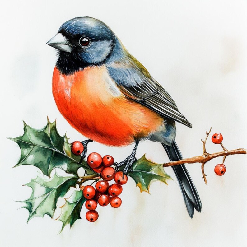 10 Printable Bullfinch Clipart, Christmas Bullfinch Print, Watercolor ...