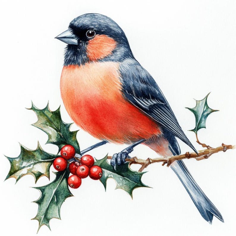 10 Printable Bullfinch Clipart, Christmas Bullfinch Print, Watercolor ...