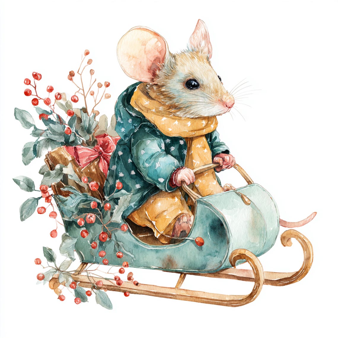 10 Printable Mouse on Sled, Christmas Mouse Art, Watercolor Art, Cute ...