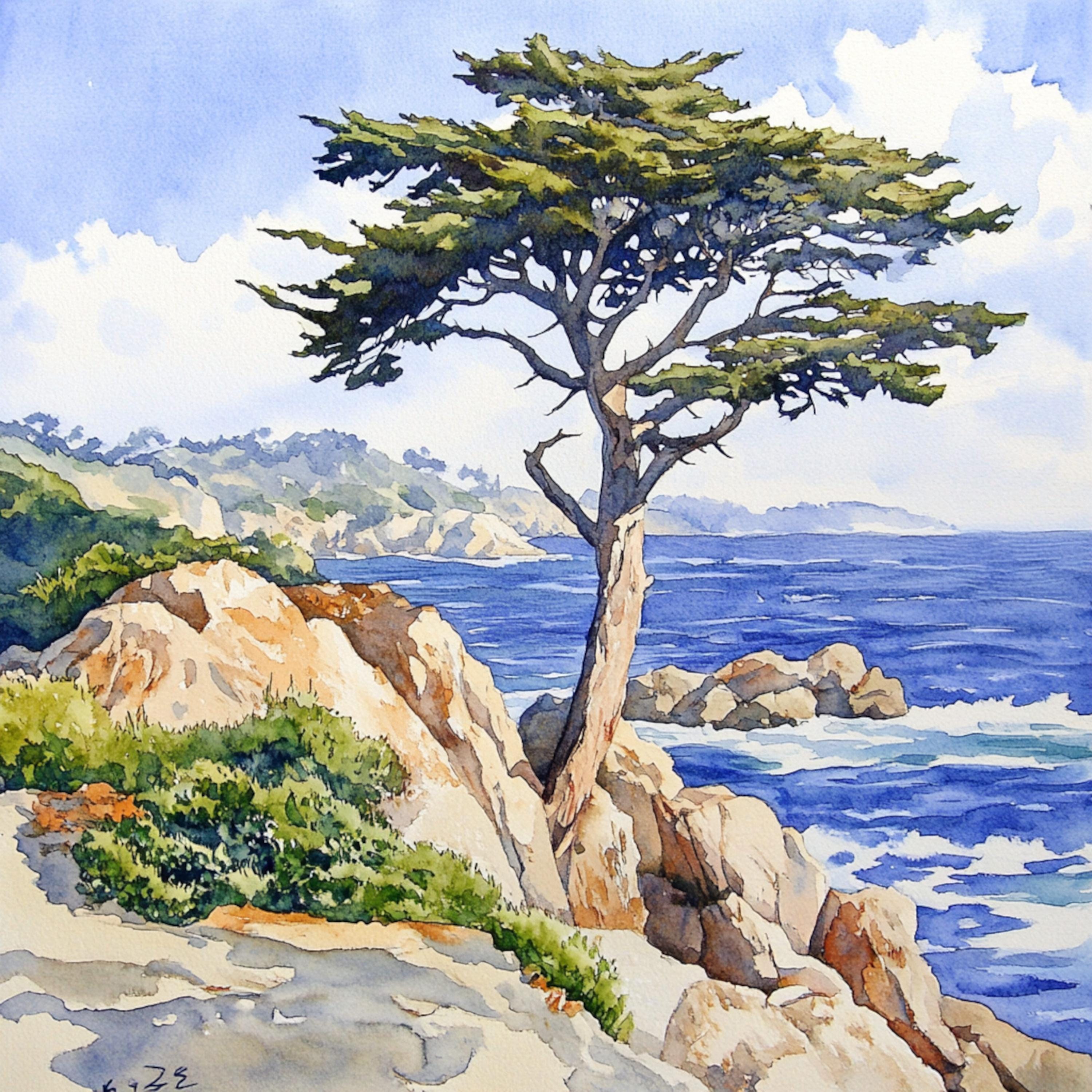 10 Printable California Coast Landscape, Watercolor Cypress Tree on ...
