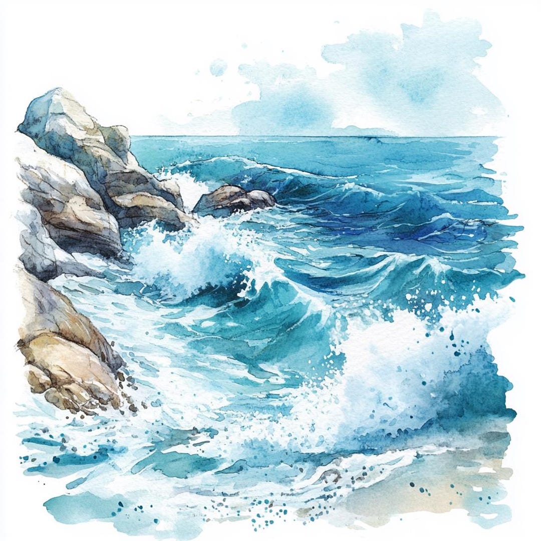 10 Printable Seascape, Ocean Landscape, Blue Ocean Scenery, Watercolor ...