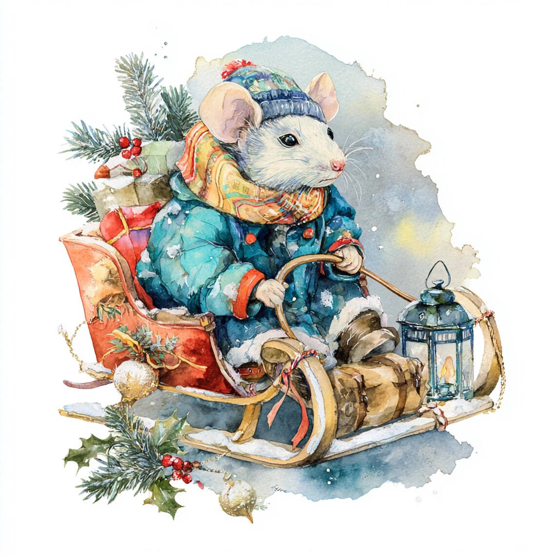 10 Printable Mouse on Sled, Christmas Mouse Art, Watercolor Art, Cute ...