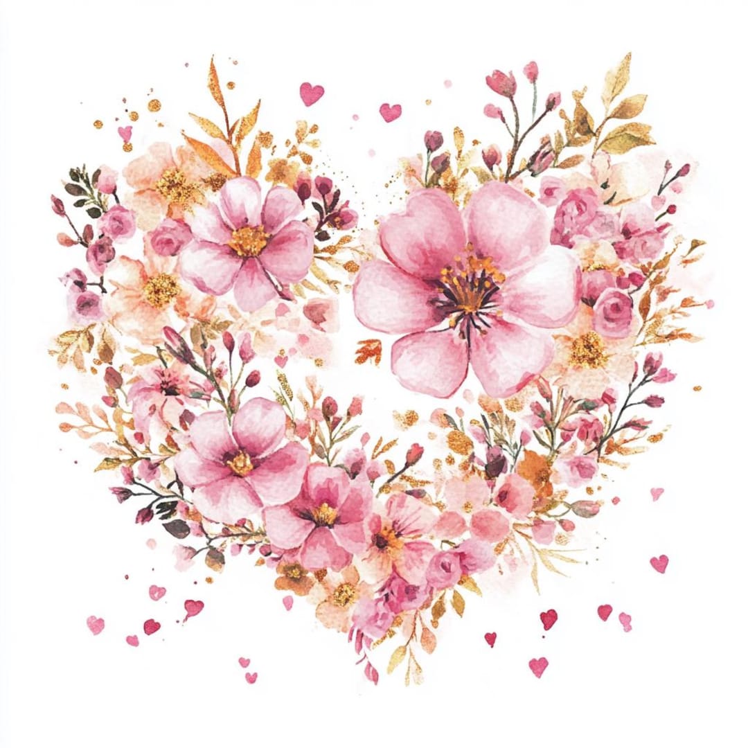 10 Printable Pink Flowers Heart, Blossom Hearts Art, Watercolor Clipart ...