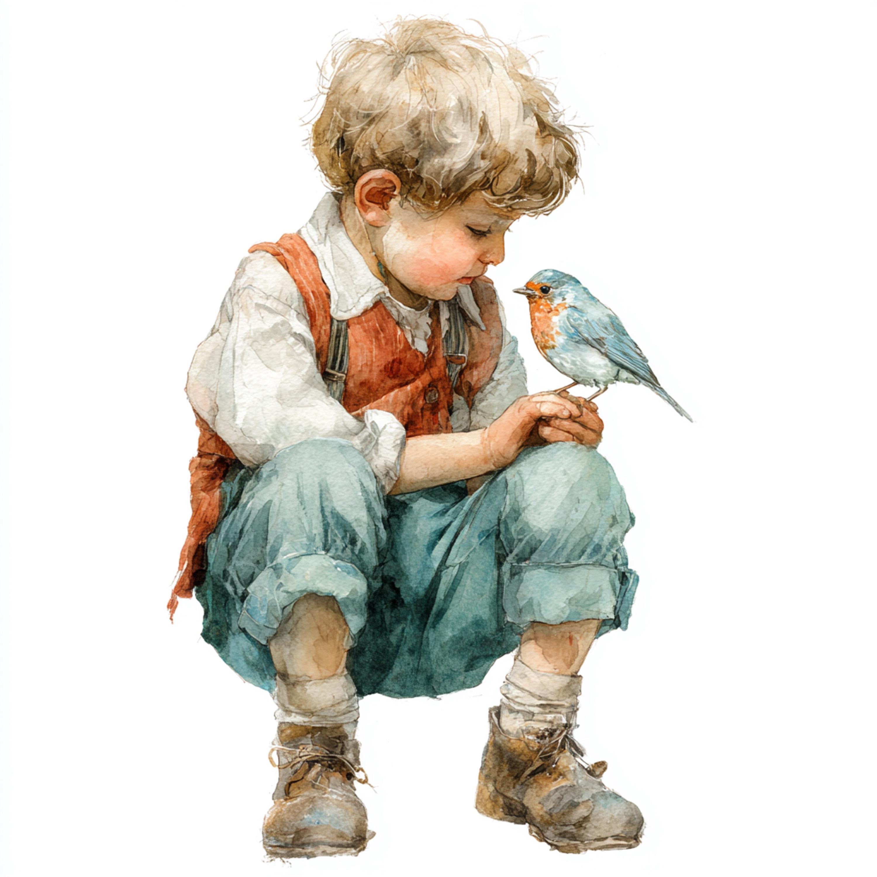 10 Printable Boy and Bird, Beautiful Boy With Animal, Boy Loving Bird ...