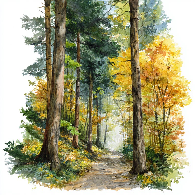 10 Printable Fall Forest Path, Watercolor Autumn Path, Fall Park ...