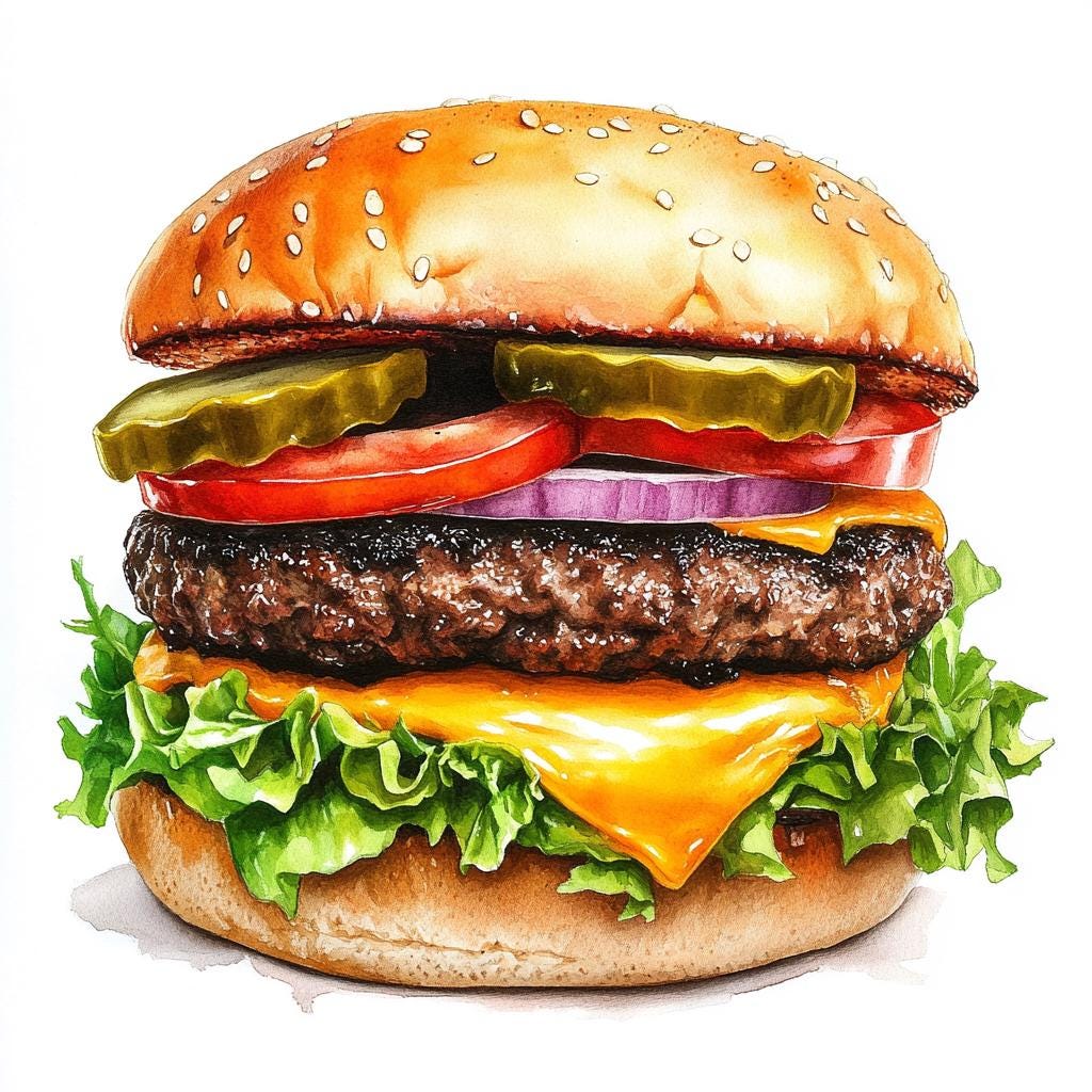 10 Printable Cheeseburger, Watercolor Burger Art, Food Art, Kitchen ...