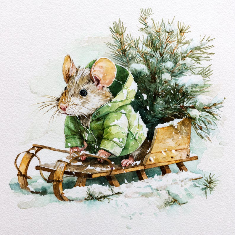 10 Printable Mouse on Sled, Christmas Mouse Art, Watercolor Art, Cute ...