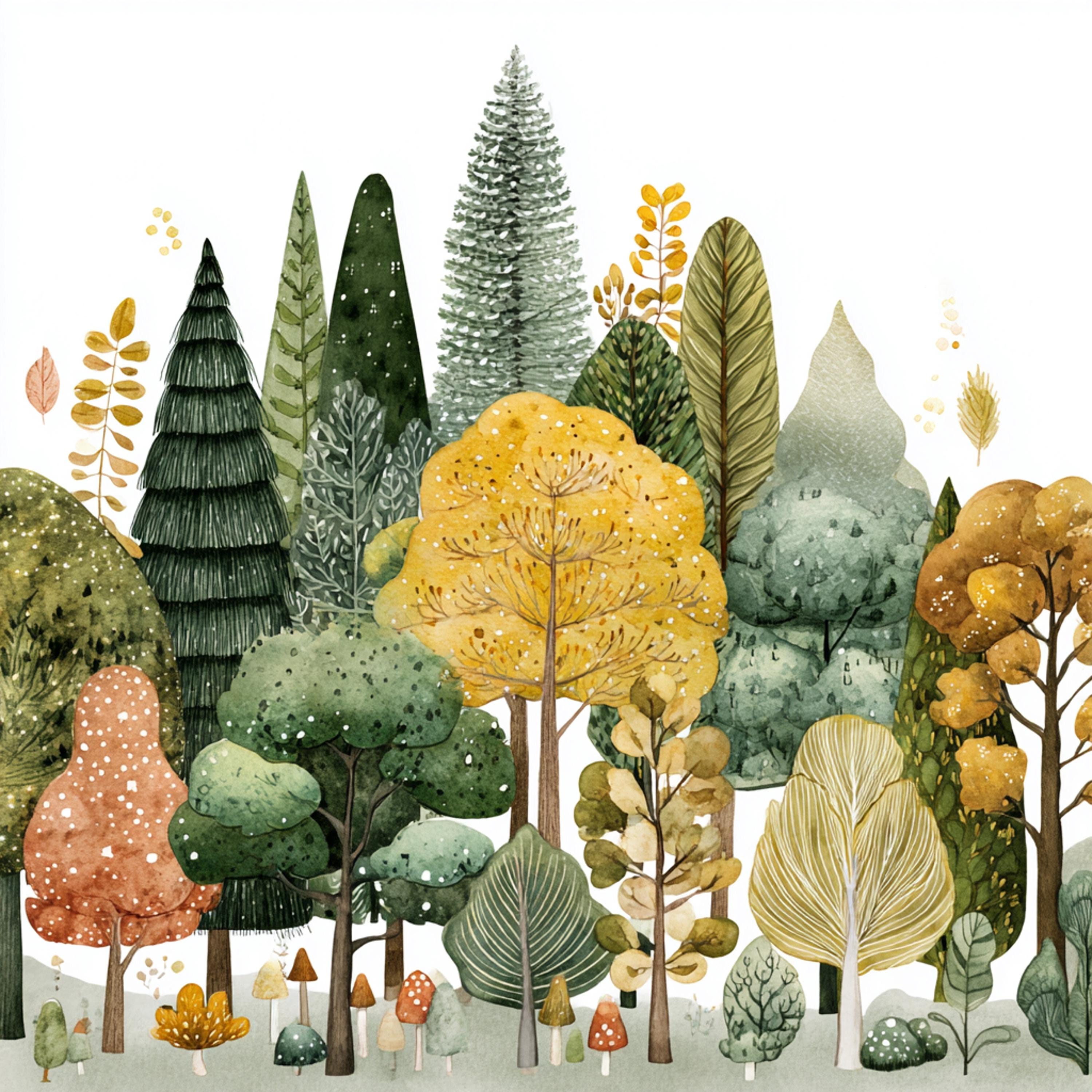 10 Printable Whimsical Fall Forest, Quaint Watercolor Fall Forest ...