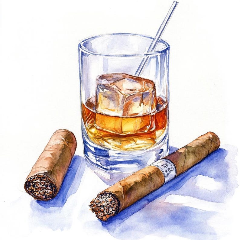 10 Printable Whiskey, Watercolor Whiskey and Cigare, Bourbon Clipart ...