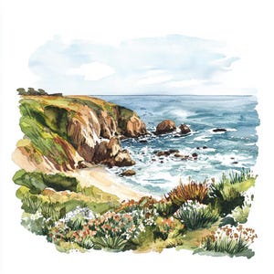 10 Printable California Coast Landscape, Watercolor Ocean Seascape ...