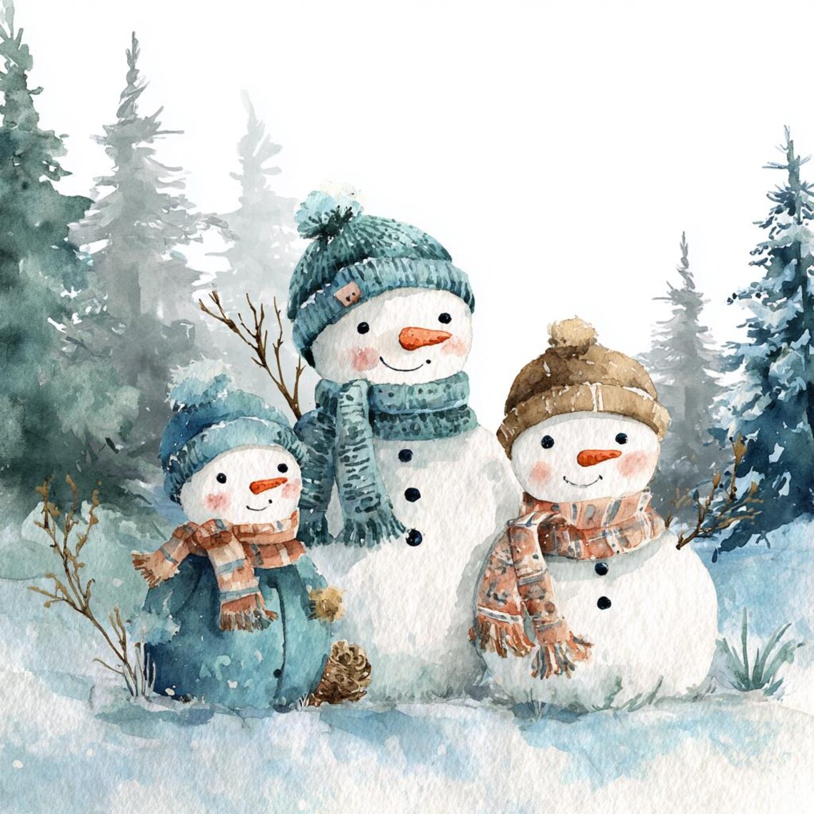 13 Printable Snowman Family, Watercolor Snowmen Art, Holliday Clipart ...