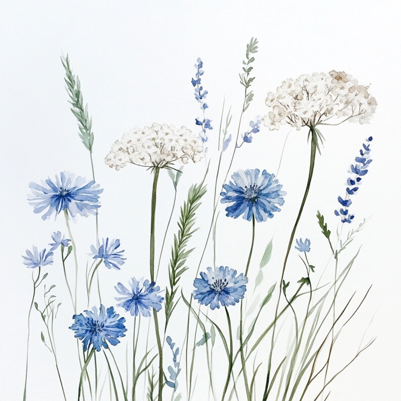 10 Printable Summer Wildeflowers Atr, Watercolor Blue and White Flowers ...