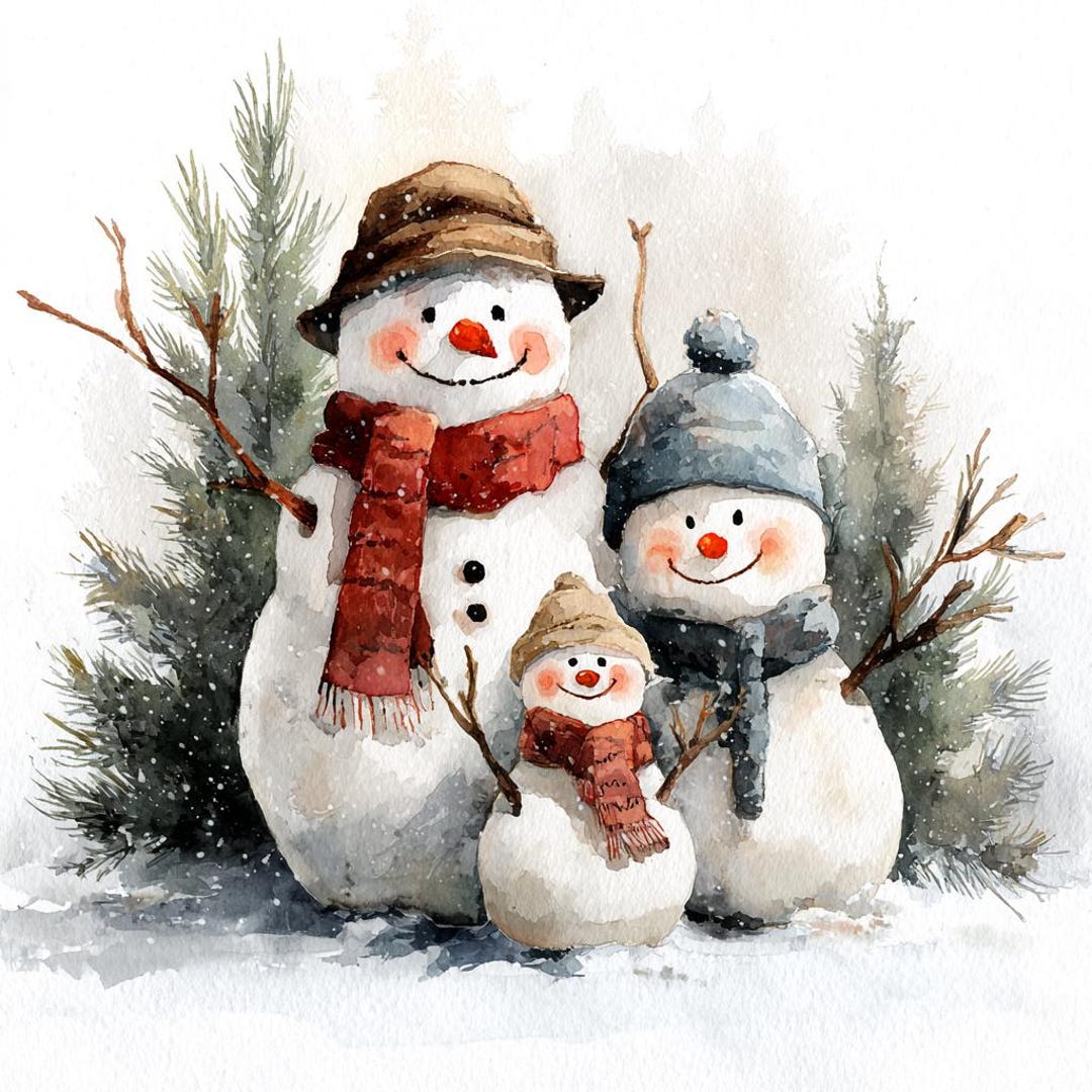 13 Printable Snowman Family, Watercolor Snowmen Art, Holliday Clipart ...