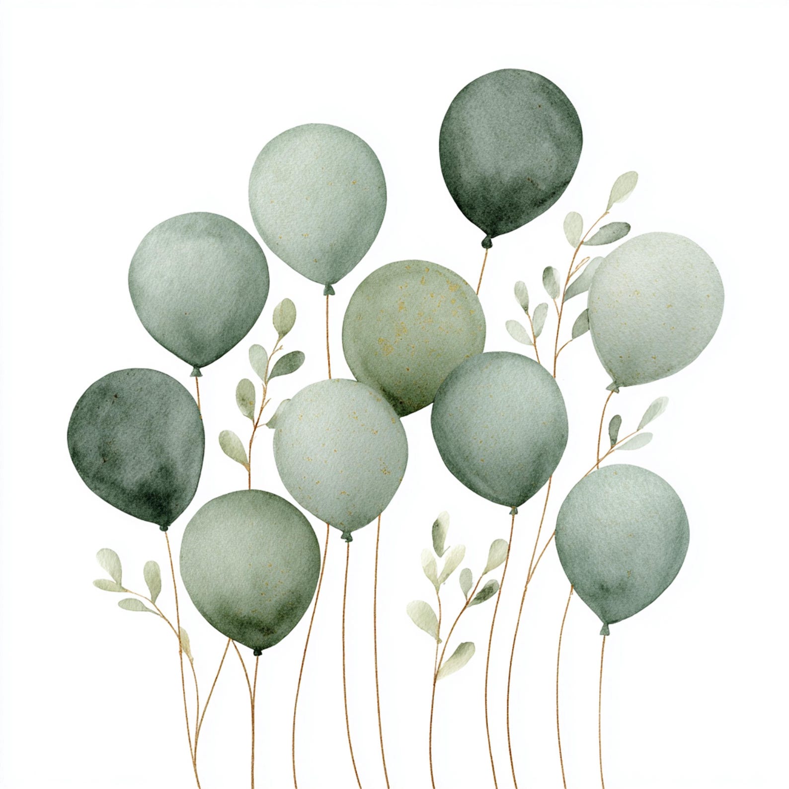 10 Printable Balloons Bundle, Watercolor Clipart, Sage Green Balloons ...