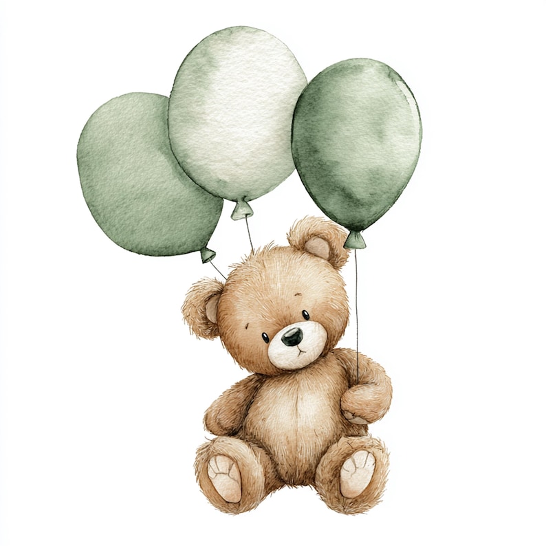 10 Printable Teddy Bear, Watercolor Kids Toy Clipart, Sage Green ...