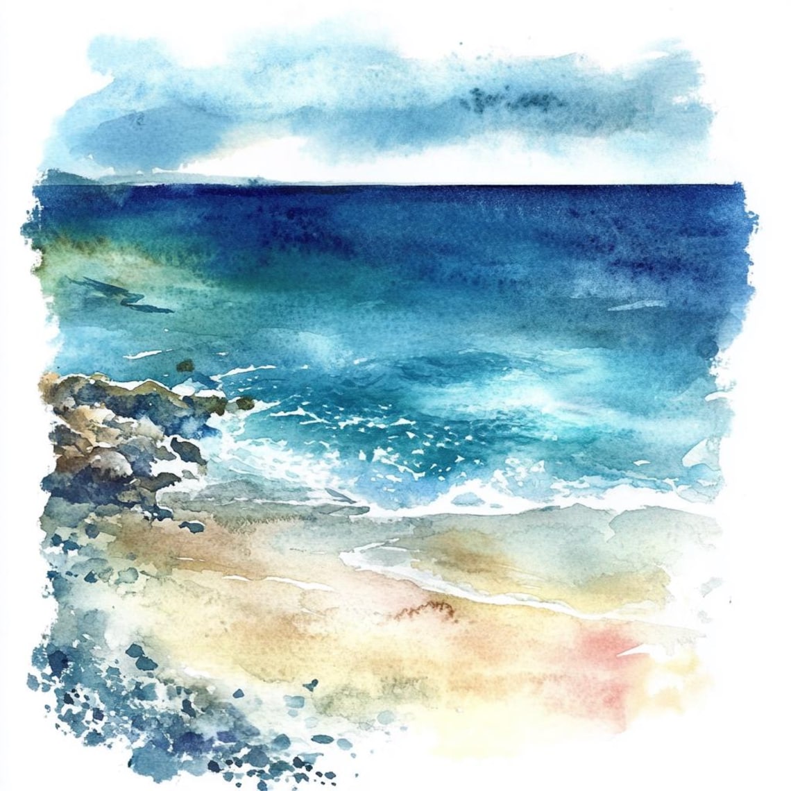 10 Printable Seascape, Ocean Landscape, Blue Ocean Scenery, Watercolor ...