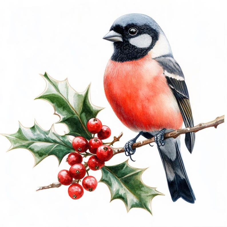 10 Printable Bullfinch Clipart, Christmas Bullfinch Print, Watercolor ...