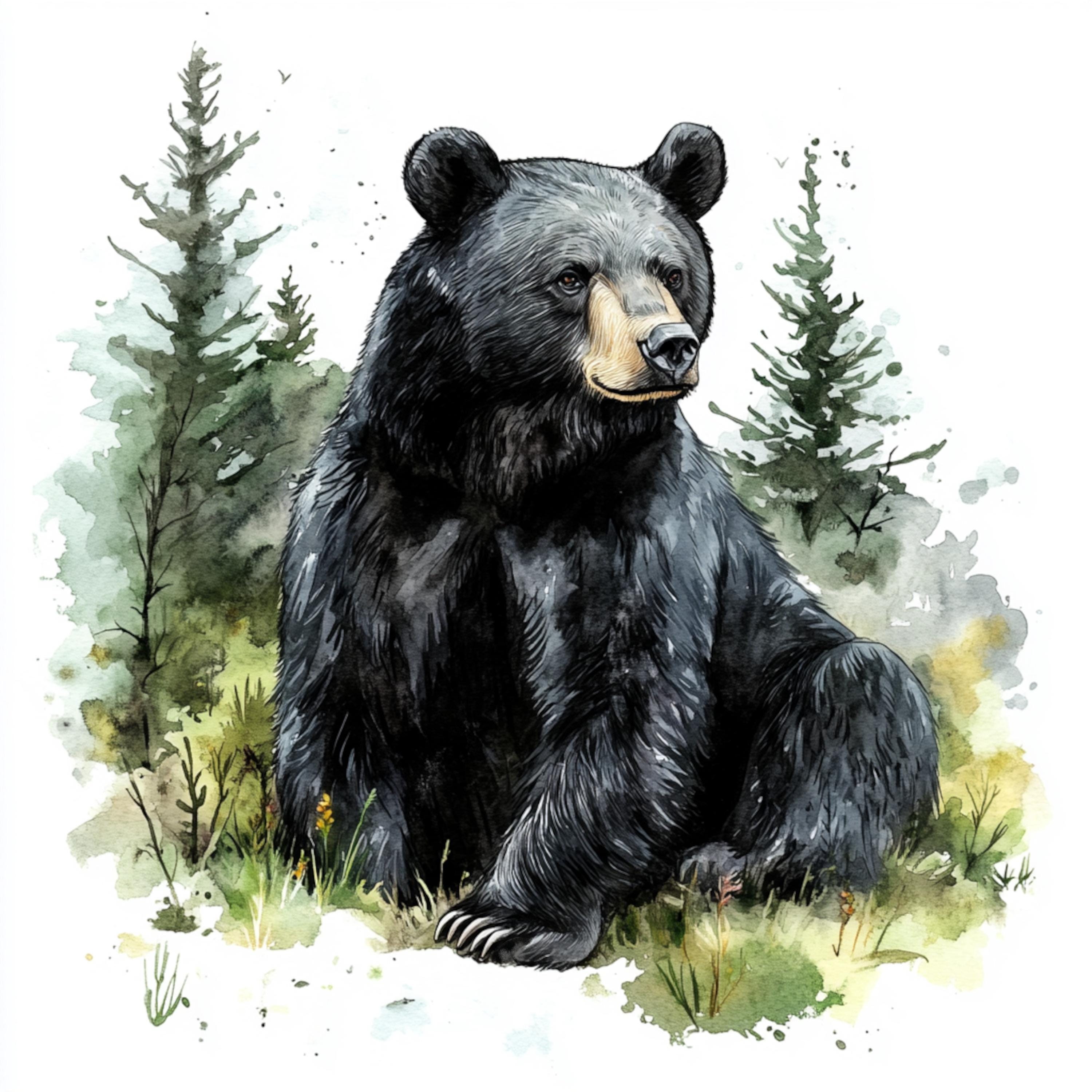 10 Printable Black Bear, Black Bear Print, Watercolor Bear in Forest ...