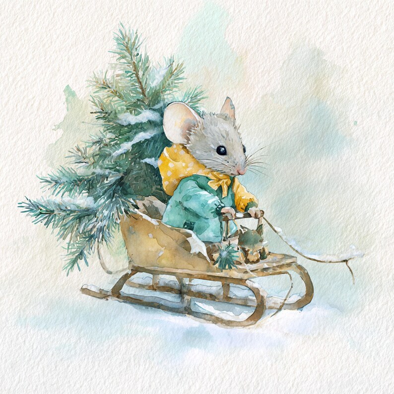 10 Printable Mouse on Sled, Christmas Mouse Art, Watercolor Art, Cute ...