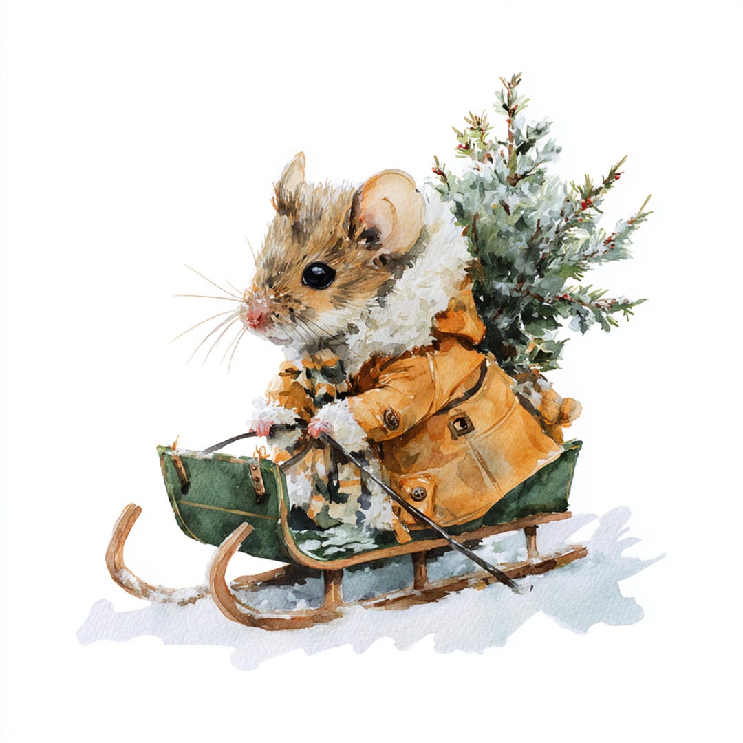 10 Printable Mouse on Sled, Christmas Mouse Art, Watercolor Art, Cute ...