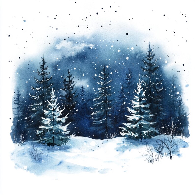10 Printable Winter Landscape, Watercolor Snow Forest, Winter Night ...