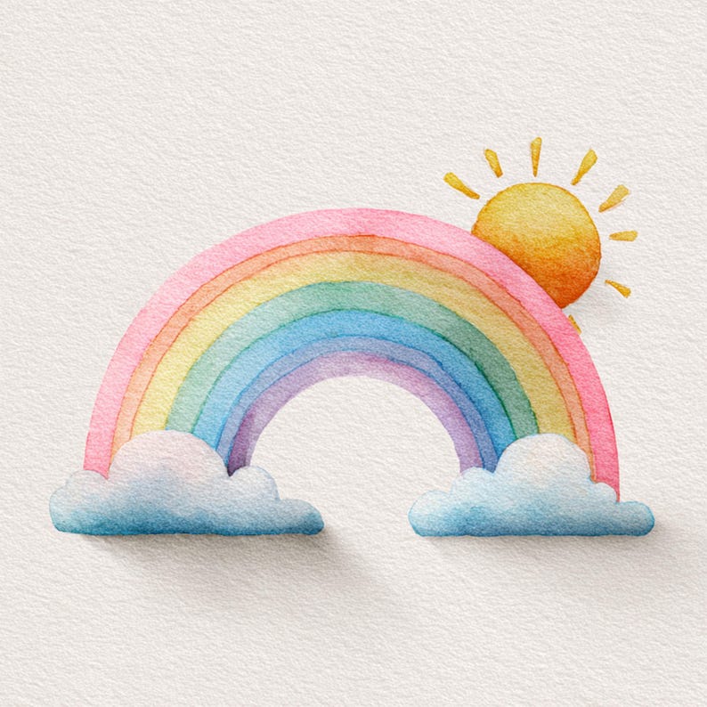 10 Printable Rainbows, Watercolor Rainbow and Sun, Rainbow Clipart ...