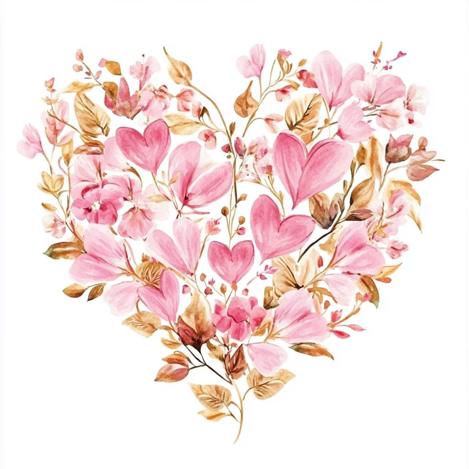 10 Printable Pink Flowers Heart, Blossom Hearts Art, Watercolor Clipart ...