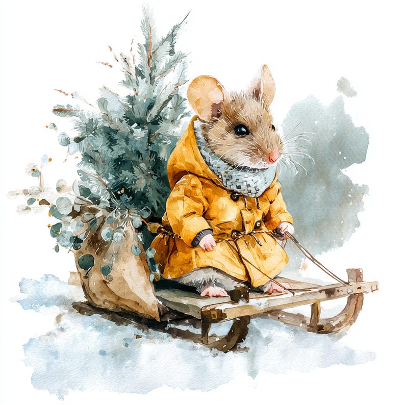 10 Printable Mouse on Sled, Christmas Mouse Art, Watercolor Art, Cute ...