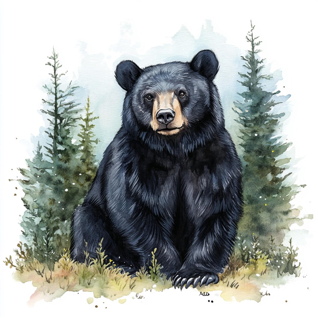 10 Printable Black Bear, Black Bear Print, Watercolor Bear in Forest ...