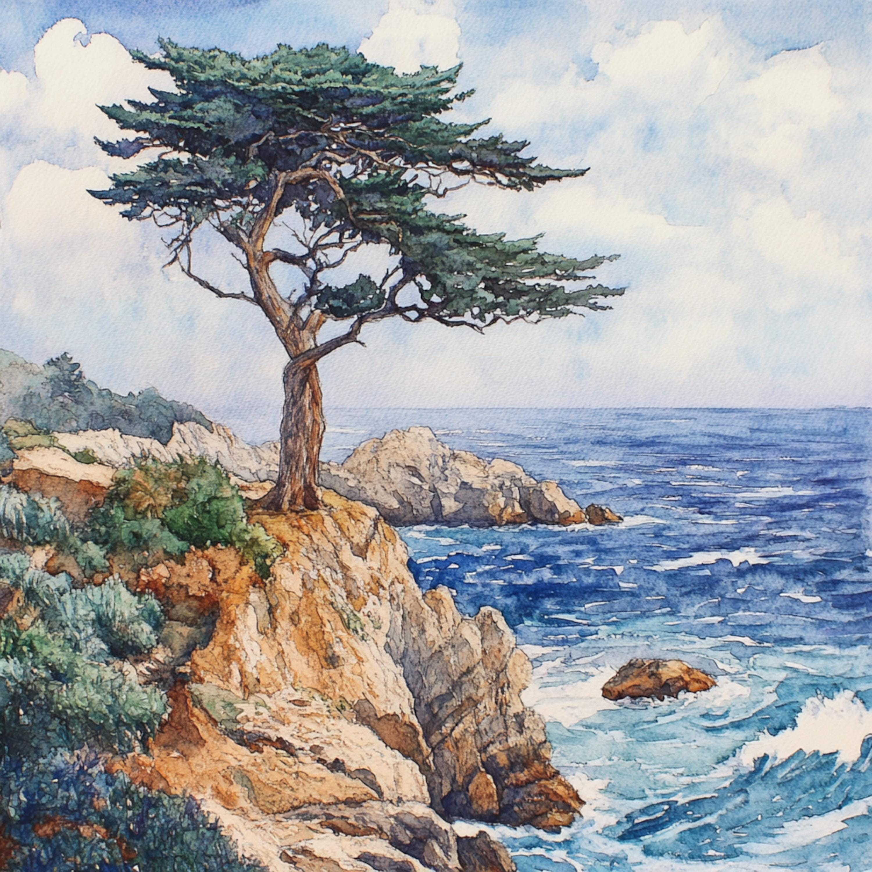 10 Printable California Coast Landscape, Watercolor Cypress Tree on ...