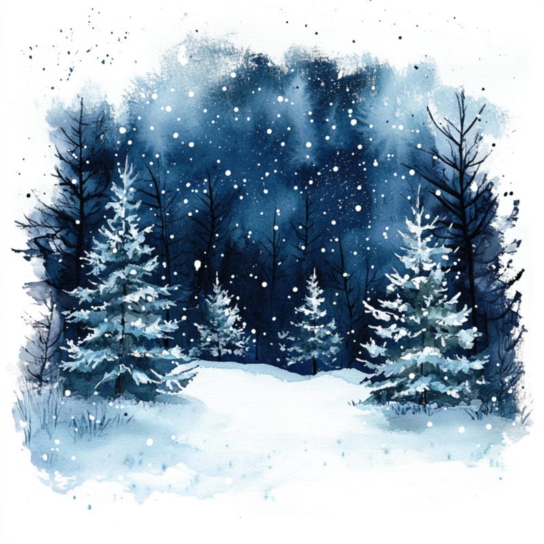 10 Printable Winter Landscape, Watercolor Snow Forest, Winter Night ...