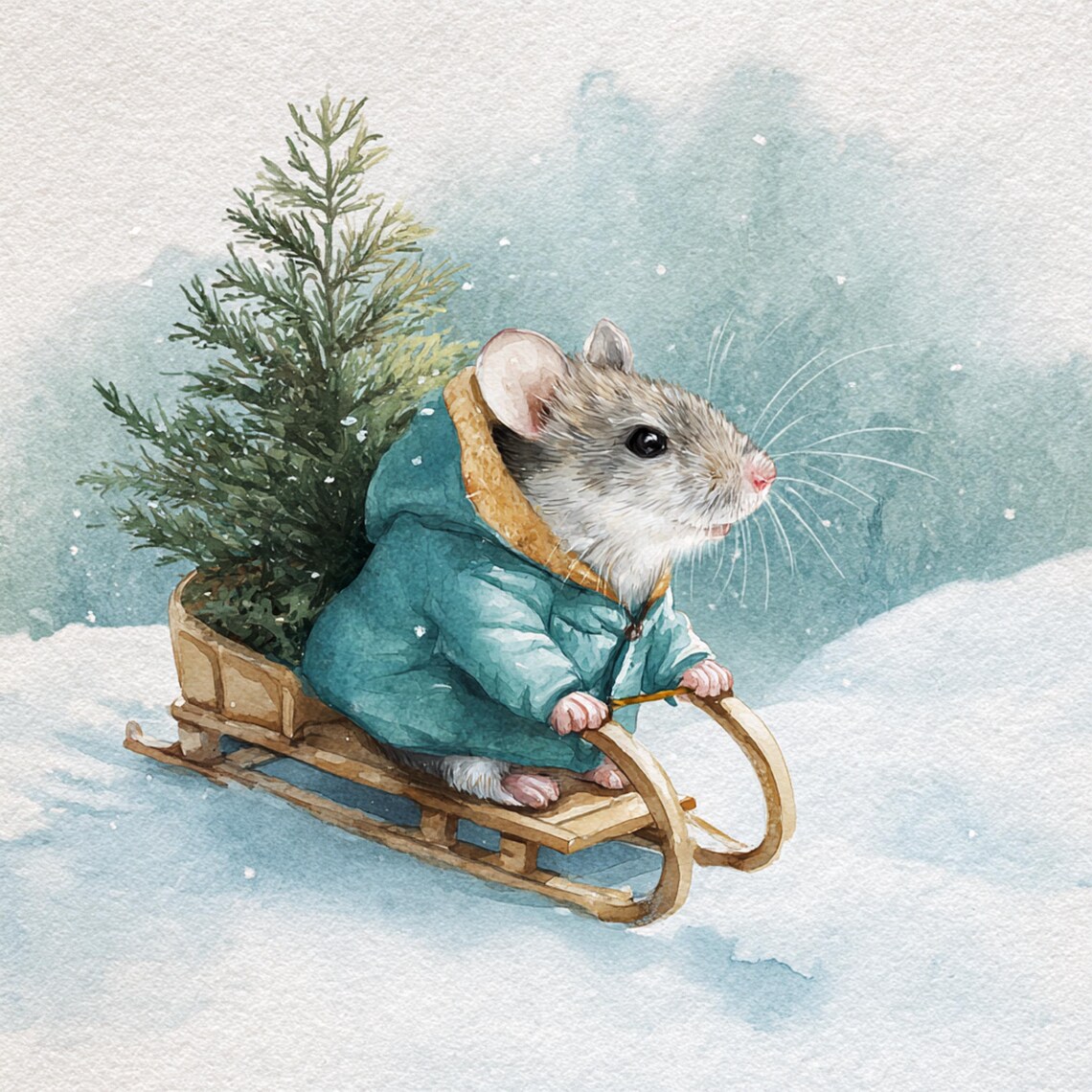 10 Printable Mouse on Sled, Christmas Mouse Art, Watercolor Art, Cute ...