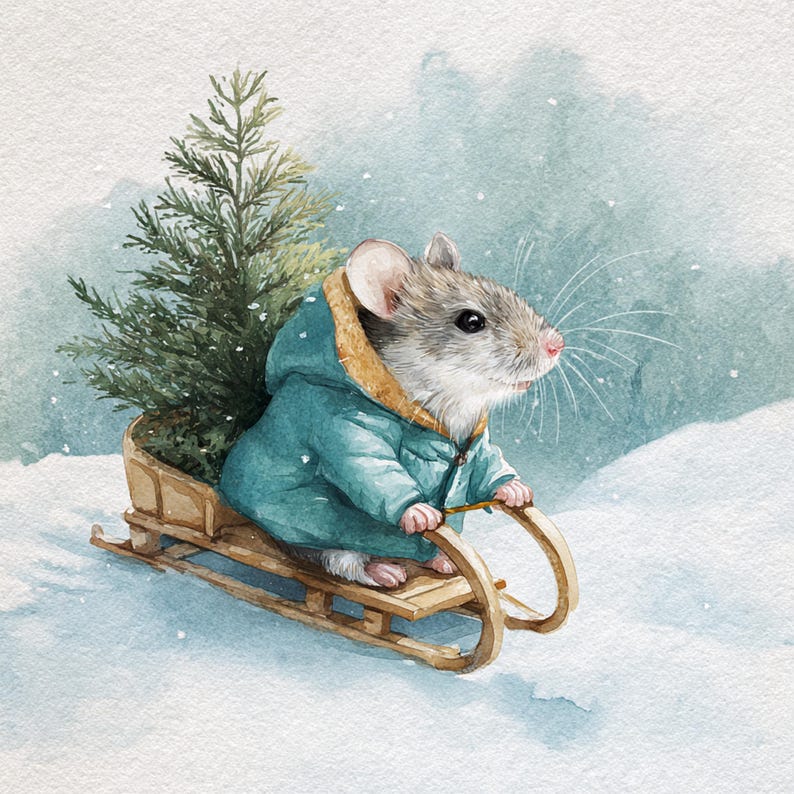 10 Printable Mouse on Sled, Christmas Mouse Art, Watercolor Art, Cute ...