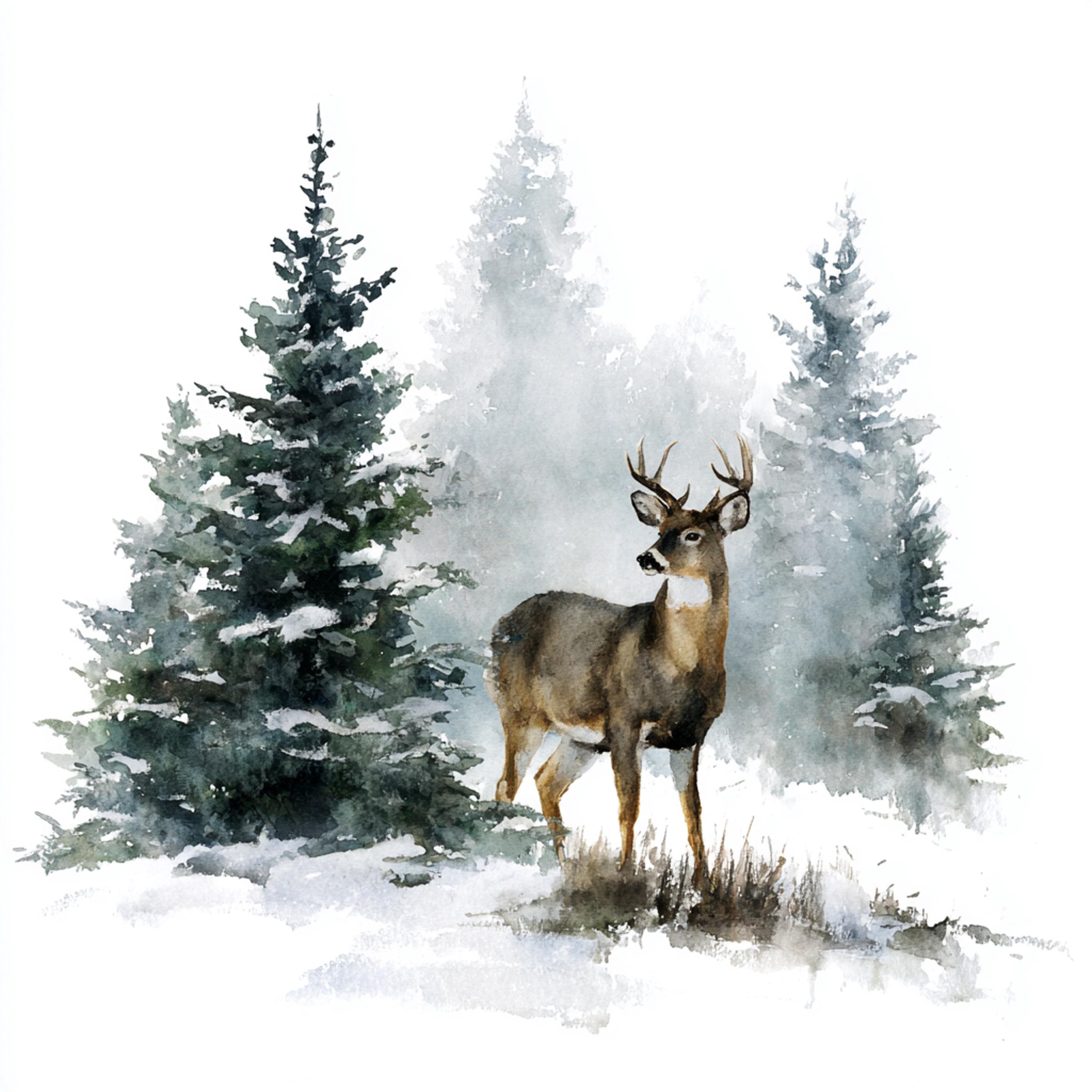 12 Printable Deer in Snowy Forest, Christmas Deer Print, Watercolor ...