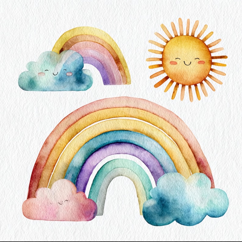 10 Printable Rainbows, Watercolor Rainbow and Sun, Rainbow Clipart ...