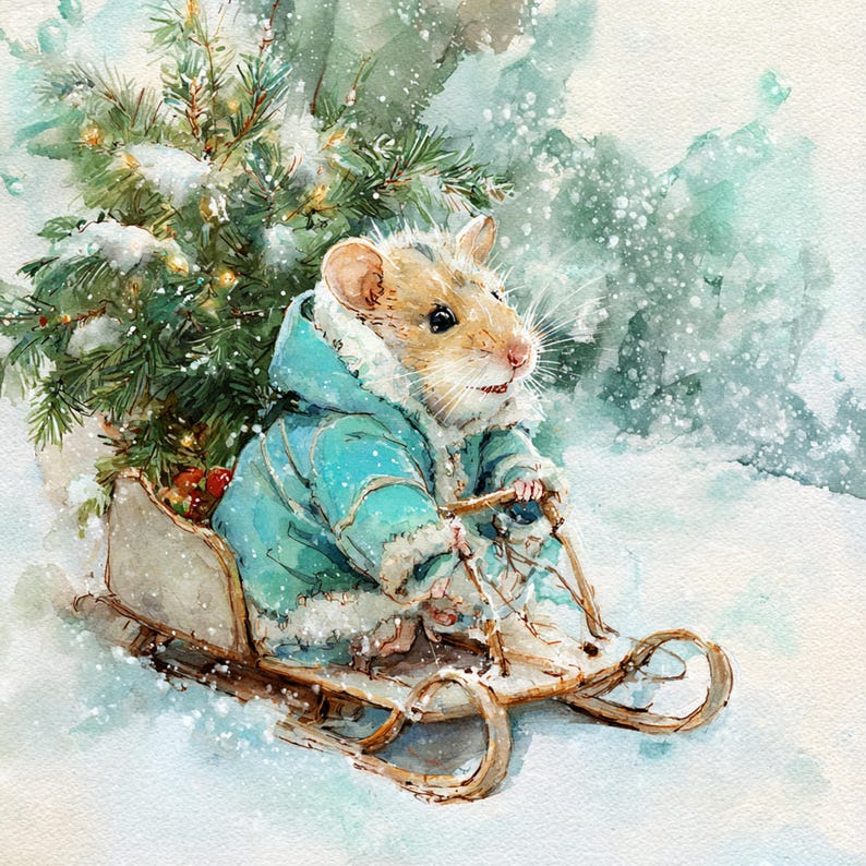 10 Printable Mouse on Sled, Christmas Mouse Art, Watercolor Art, Cute ...