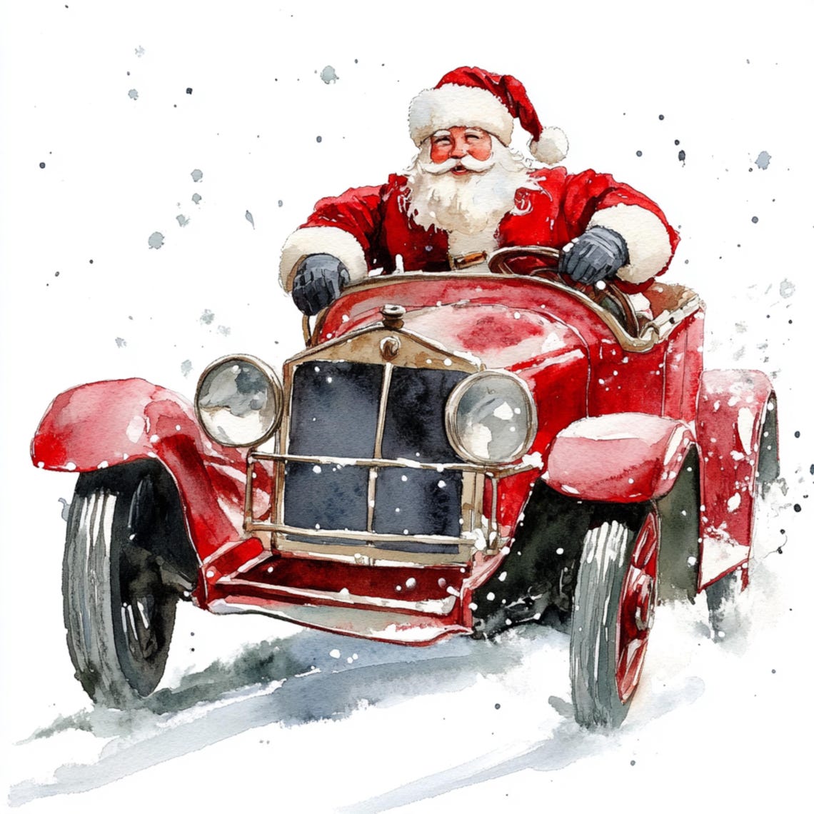 10 Printable Santa in Red Car, Christmas Santa Clause Art, Watercolor ...