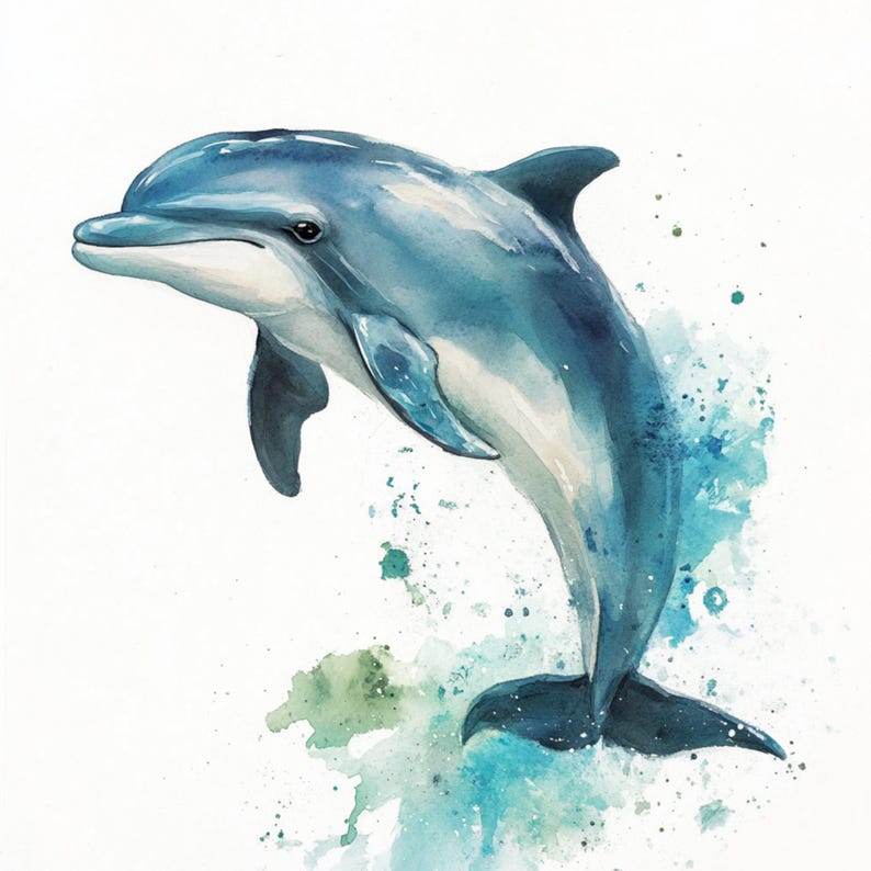 10 Printable Dolphins Clipart, Dolphin Print, Watercolor Art, Cute ...