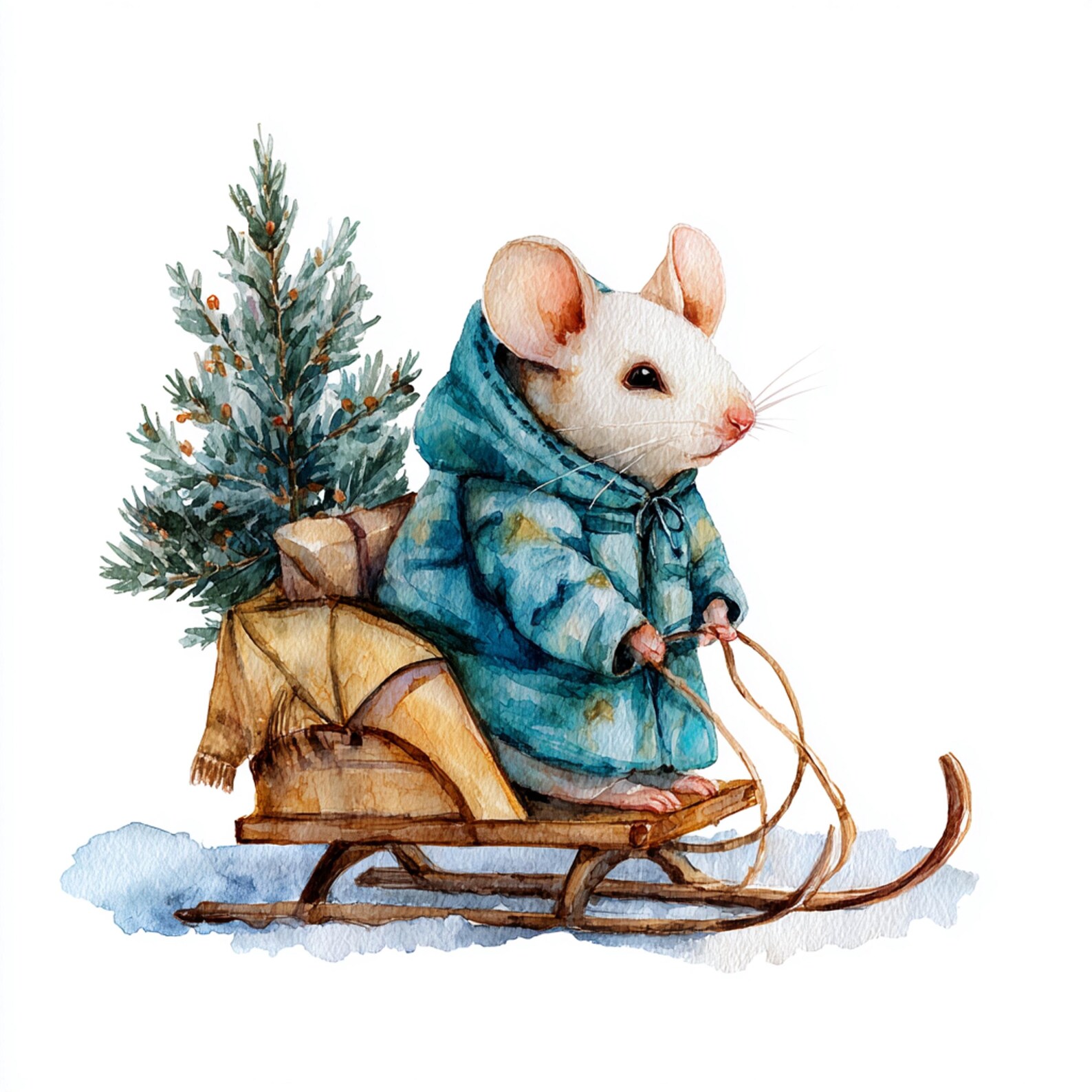 10 Printable Mouse on Sled, Christmas Mouse Art, Watercolor Art, Cute ...